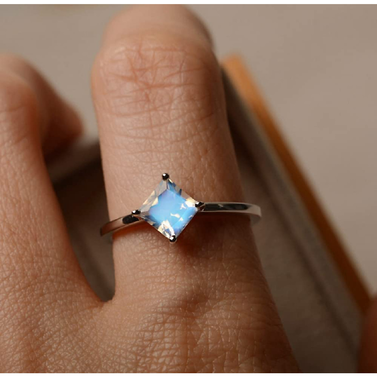 Awmnjtmgpw 925 Sterling Silver Moonstone Ring Cut Cubic Zircon Blue Topaz Women's Wedding Engagement Ring Size 6-10 (Size 10)