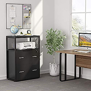 Tribesigns 2 Drawer Lateral File Cabinet with Lock, Letter/Legal / A4 Size, Large Modern Filing Cabinet Printer Stand with Metal Wire Open Storage Shelves for Home Office (Black)