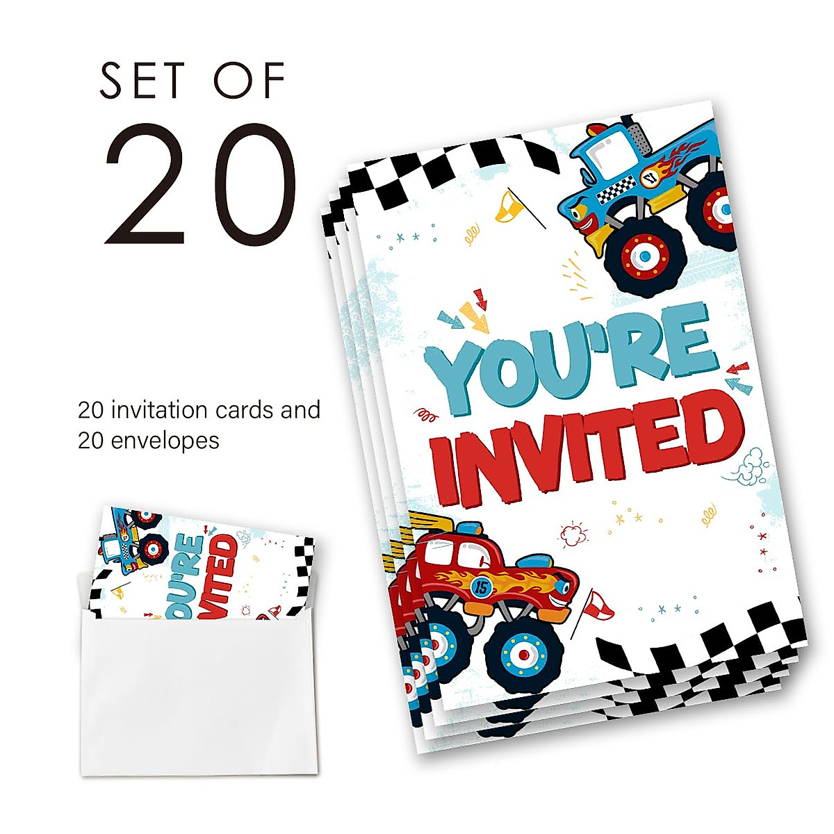 EUDOSI Monster Truck Birthday Invitations Supplies Fill-In Set of 20 with Envelopes Trucks Birthday Party Invites Cards, Double Sided