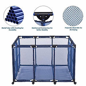 ZeHuoGe Rolling Mesh Pool Storage Bin, Metal Tube with Coating, Air Dry Items Quickly & Easily Roll The Mesh Storage Bins to Home Garage or Shed (48"x30"x34", Blue)