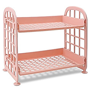 QUMENEY Desktop Rack Cosmetic Stationery Storage Holder, 2-Tier Multifunctional Plastic Shelf Makeup Organizer for Skincare Office Kitchen Bedroom Bathroom Home (Pink)