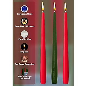 Hyoola Christmas Candles - Green and Red Taper Candles 12 Inch Dripless, 12 Pack Unscented Holiday Candles - European Made
