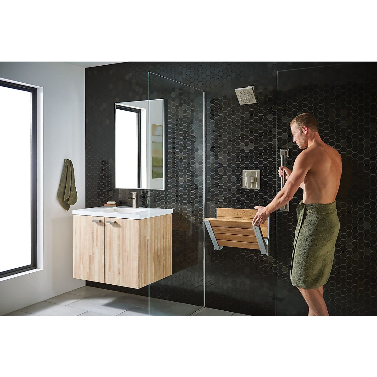 Moen Bath Safety Furniture Wood Home Care Teak Wood Aluminum Folding Shower Seat, Wall Mounted Shower Bench, DN7110