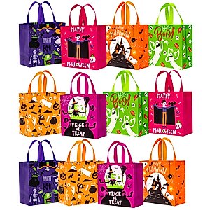 WRAPAHOLIC 12 Pack Halloween Trick or Treat Bags - 10.5 x 5 x 10.5 inch - Ghosts, Bats, Spider Reusable Goodie Treat Bag with Handle for Halloween Party Favors