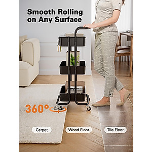 Pipishell 3 Tier Rolling Cart with Table Top, Utility Cart with Wheels & 4 Hooks, Rolling Storage Cart for Home Storage and Organization, Black, PIUC09B