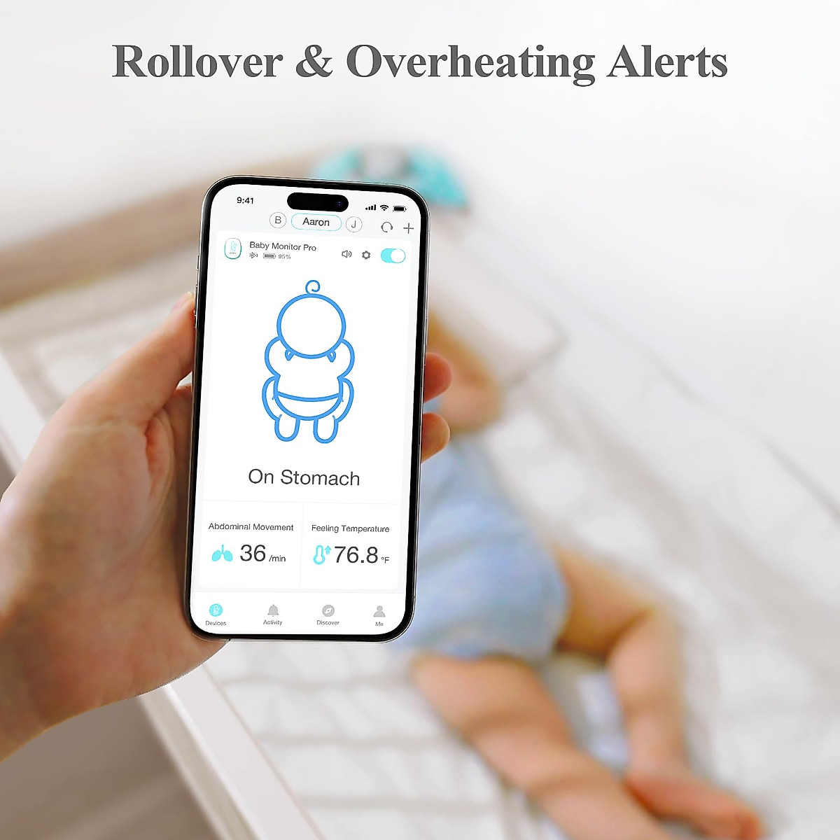 Sense-U Smart Baby Monitor Pro(Long Range) with Arousal Vibration, Audible & App Alerts Anywhere: Tracks Abdominal Movement, Rollover, Sleeping Position, Feeling Temperature, Wearable Sleep Monitor