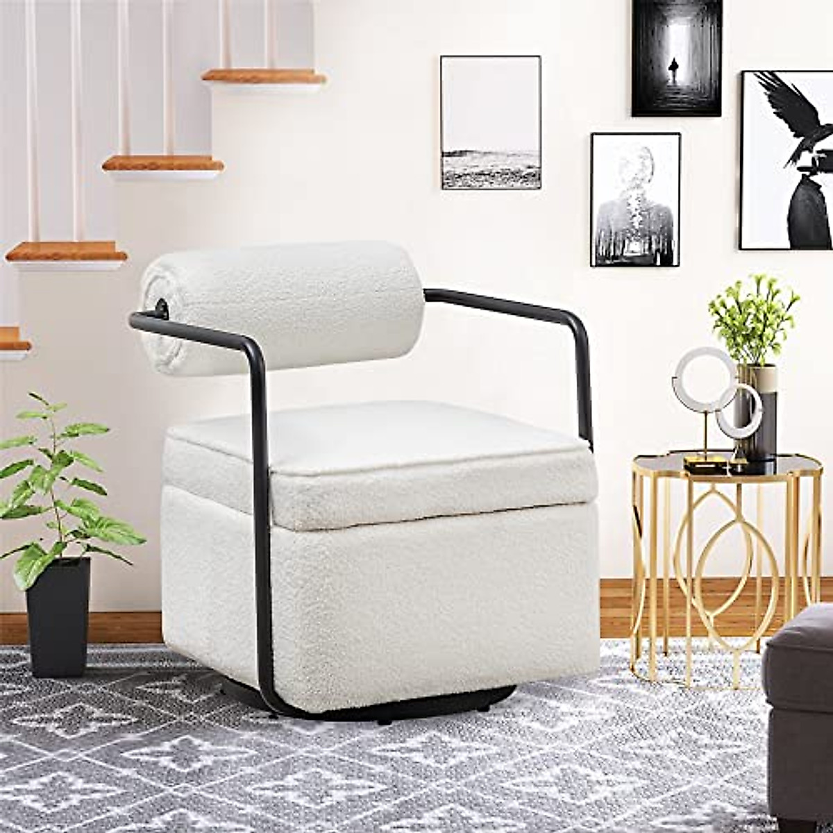 Alunaune Upholstered Sherpa Swivel Storage Living Room Chairs Set of 2, Modern Accent Chair Fuzzy Arm Club Chair Couch, Mid Century Single Sofa Guest Reception Lounge Chair Indoor for Bedrooms-White