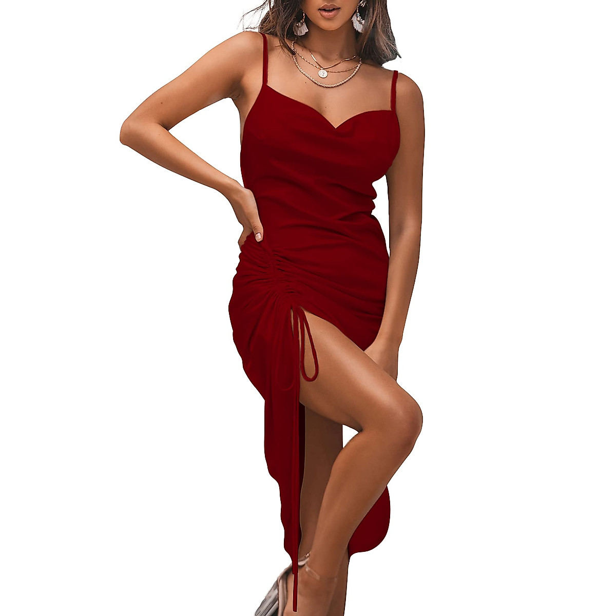 LYANER Women's Satin Spaghetti Straps Sexy Ruch Cowl Neck Cocktail Midi Dresses Wine Red Small