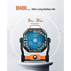 Drchop Portable Fan Rechargeable, 10400mAh Battery Operated Powered Fan, Outdoor Camping Fan with Light & Hook, Personal USB Desk Fan, for Bedroom, Table, Home, Office, Tent, Travel (Classic Orange)