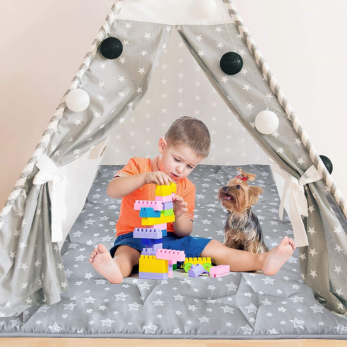 Teepee Play Tent Mat, Square Padded Mat for Playtent, Anti Slip Baby Quilted Activity Mat for Boys and Girls, Toddlers and Kids Playtime