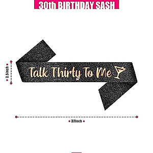 PartyForever 30th Birthday Decoration Sash for Women Talk Thirty to Me Black 32 inch Long with Rose Gold Letters for Her
