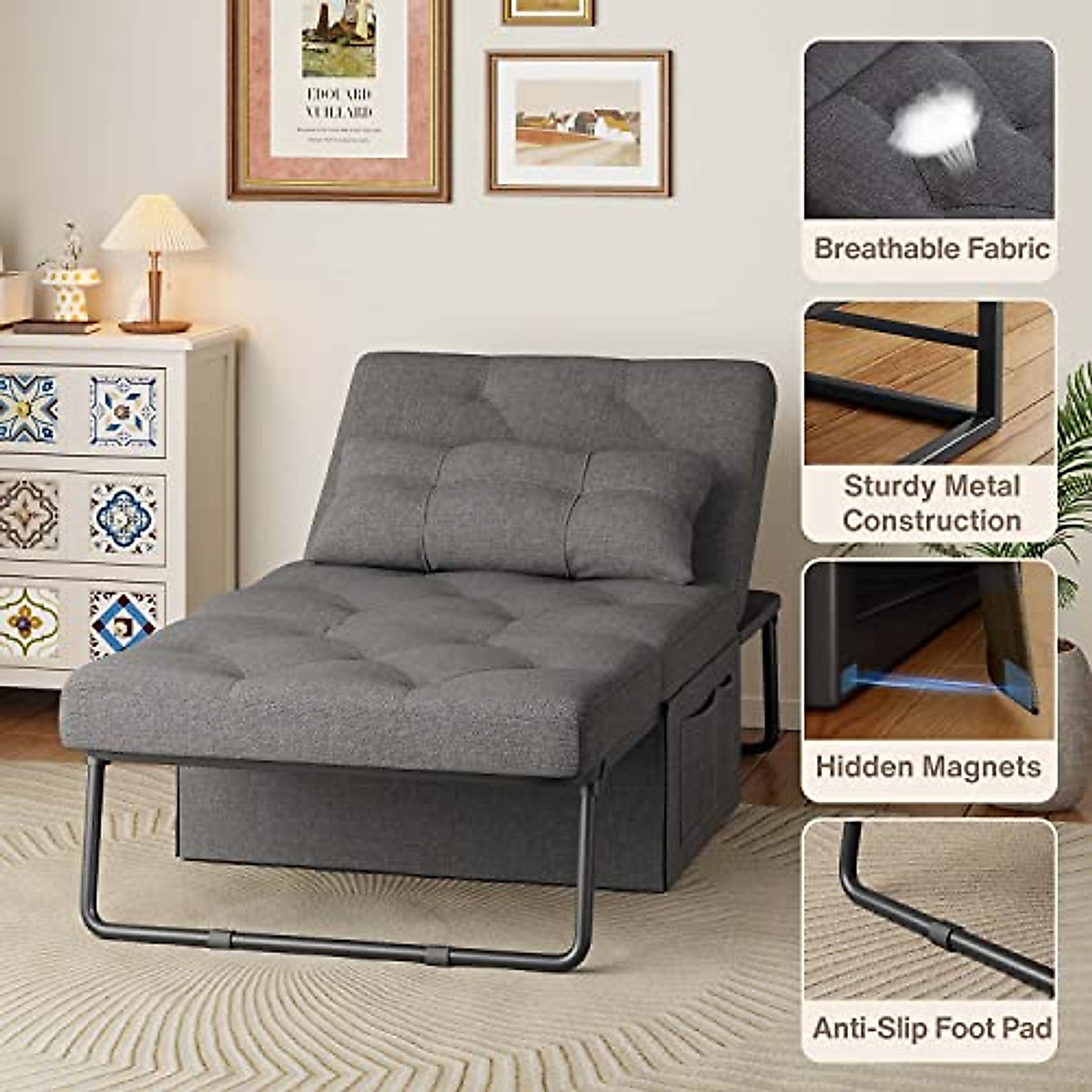 Aiho Sofa Bed, 4 in 1 Sleeper Chair Bed Coverts to Guest Bed Folding Ottoman with Adjustable Backrest, Modern Breathable Linen Couch Bed for Living Room Apartment Office, Dark Grey