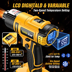 TaskStar Heat Gun with Two 4.0Ah Battery,21V Cordless Heat Gun 122℉-1022℉ Fast Heating Soldering,Hot Air Gun Kit with LCD Digital,6 Nozzle, Led Light,Suitcase for Shrink Tubing, PVC Wrap, Crafts