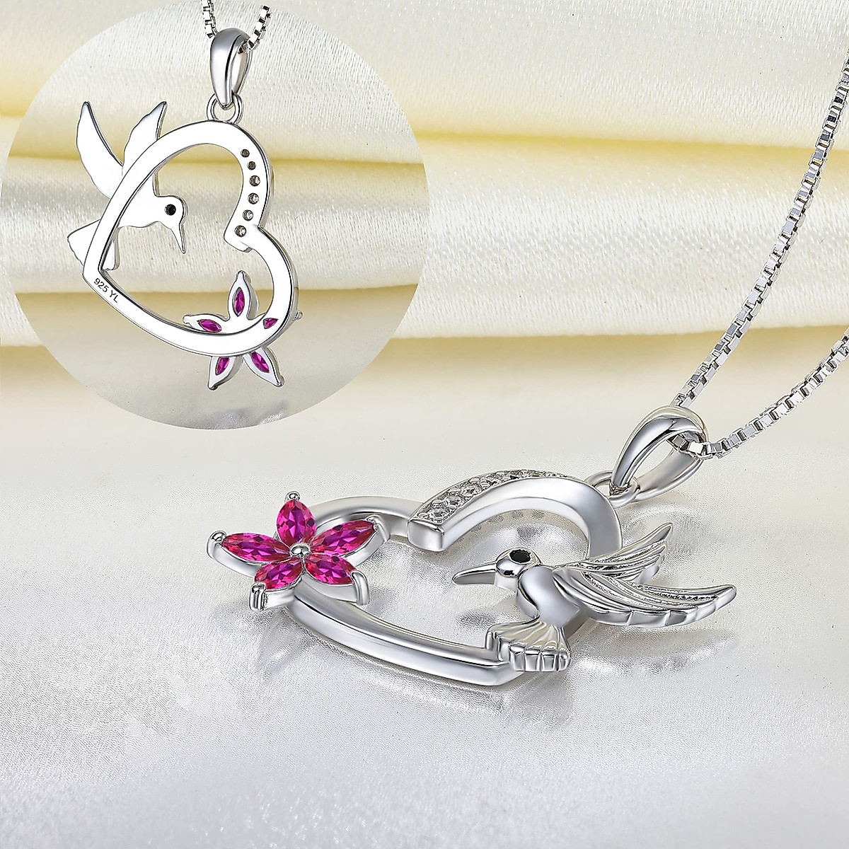 YL Hummingbird Necklace 925 Sterling Silver Heart Pendant Created Ruby Flower Jewelry for Women