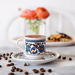 Turkish Coffee Cup Set - Turkish Coffee Cups Set of 6 with Saucers and Cup Holder for Home Office, Ceramic Keeps Coffee Warm, Dishwasher-safe, Create happy times with the patterned coffee mug set.