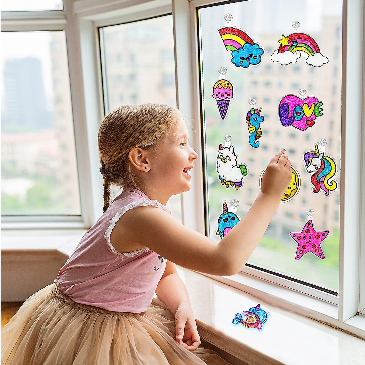 TOYLI Window Glitter Painting Kids Arts and Crafts Creative Set, 26 Suncatchers Kit,Gifts for Boys,Girls Ages 5,6,7,8,9,10 DIY, Great Home Birthday Party Idea, Your Own Fun Painting Activity NON Toxic