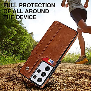 Design for Samsung Galaxy S21 Ultra Phone Case with Screen Protector Adjustable Wrist Strap Kickstand Credit Card Slot Slim Shockproof Hybrid Rugged Protective Cover for Women Girls 6.8 inch Blue