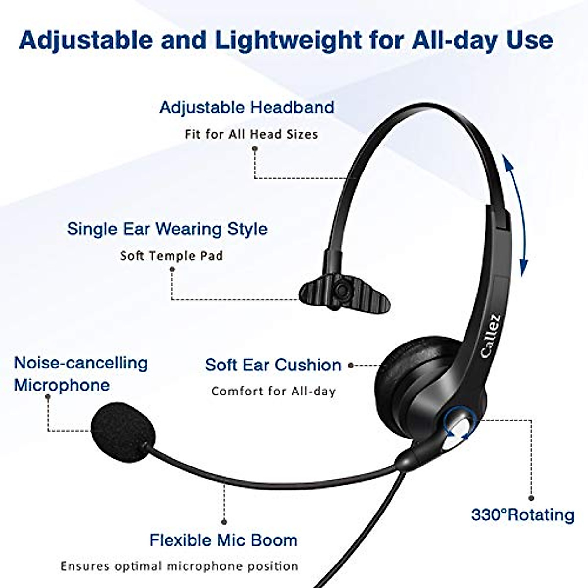 USB Headset with Microphone Noise Cancelling & Audio Controls, Wideband Computer Headphones for Business UC Skype Lync Softphone Call Center Office, Clearer Voice, Super Light, Ultra Comfort
