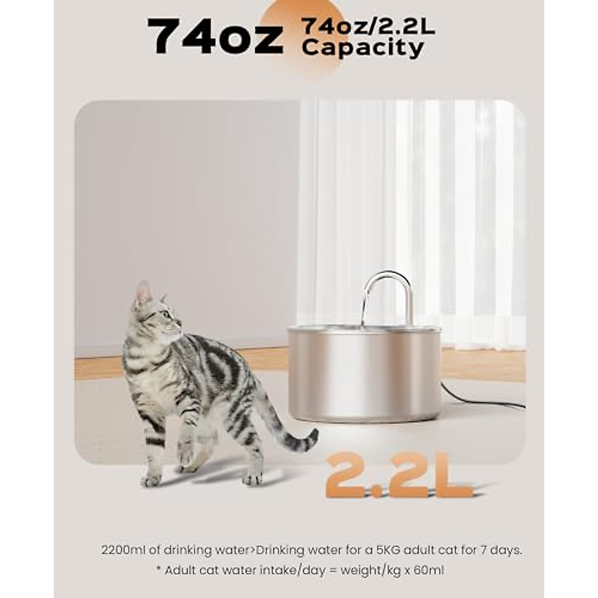 Stainless Steel Cat Water Fountain: Pet Fountains Indoor Metal Automatic Dispenser Cat Waterer Bowls Dog Faucet Bottle Pets 24/7 Running Watering for Drinking Quiet Pump with 1 Filter