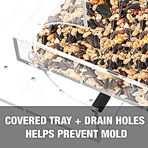 Sun Joe SJ-WBF-WN Outdoor Window Bird Feeder for Wild Birds, Bluebirds, Cardinals, and Others w/ 3 Heavy Duty Suction Cups, 2 Sliding Seed Trays, Drain Holes, Clear