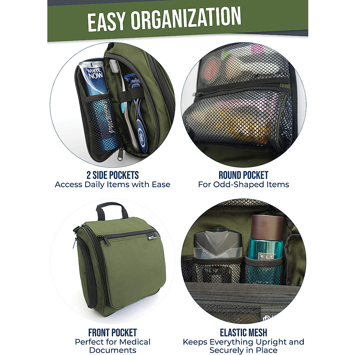 D&D Hanging Travel Toiletry Bag for Men and Women – Cosmetics, Makeup and Toiletries Organizer Kit with 10 Compartments, YKK Zippers, XXL Metal Swivel Hook, Water-Resistant Nylon