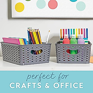 LARQUE Plastic Storage Bins, 6 Pack, 10.2 in x 7.3 in x 3.9 in - Small Weave Organization and Storage Bins, Perfect for Kitchens, Pantries, Craft Rooms Bookshelves and More