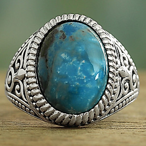 NOVICA Artisan Handmade Sterling Silver Singlestone Ring Cocktail with Reconstituted Turquoise Blue India [crownbezel 0.8 in L x 0.7 in W x 0.3 in H Band Width 4 mm W] ' Radiant Blue Beauty'