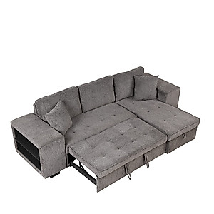 FANYE Corner Sectional Sleeper Reversible Storage Chaise, Modern Convertible Practical Sofa Pull Out Sleep Couch Bed for Home Apartment Office Sofabed, Charcoal Gray 2 Stools 104.5" W