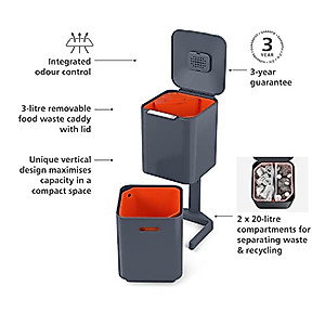 Joseph Joseph Intelligent Totem Compact Waste Separation & Recycling Unit-Graphite, 40 Liter/10.6 Gallon