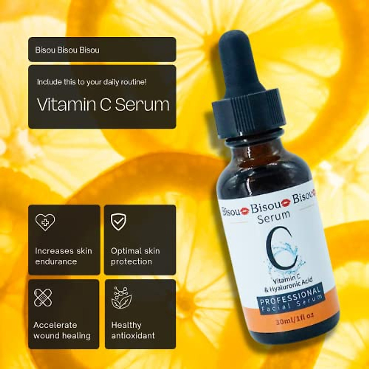 Bisou Bisou Bisou Vitamin C Serum Dark Spot Remover for Face - Anti Aging with Hyaluronic Acid, Brightening and Remove Fine Lines and Wrinkle, Facial Skin Care Products, Skin Moisturizer