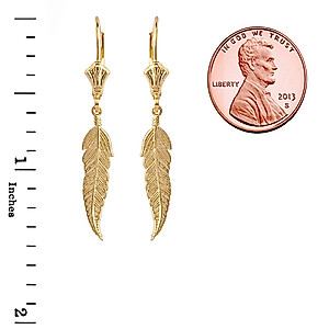 Certified 10k Yellow Gold Native American Feather Leaf Dangle Earrings