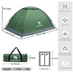 CAMEL CROWN 2 Person Camping Tent with Removable Rain fly, Easy Setup Outdoor Tents Water Resistant Lightweight Portable for Family Backpacking Camping Hiking Traveling (Army green-2person)