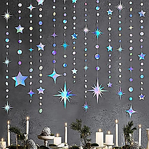 Iridescent Party Decorations Star Circle Dot Paper Garland Banner Bunting Streamer Metallic Hanging Twinkle Star Decoration for Kids Birthday Baby Shower Wedding Festival Engagement Sweet 16 Decor
