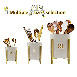 SIEBOLD 2pcs Sturdy Cutlery Holder White Ceramic With Metal Bracket Robust Silverware Caddy For Countertop - Spoon Holder Silverware Caddy(5.9 - 3.9inch) Gold