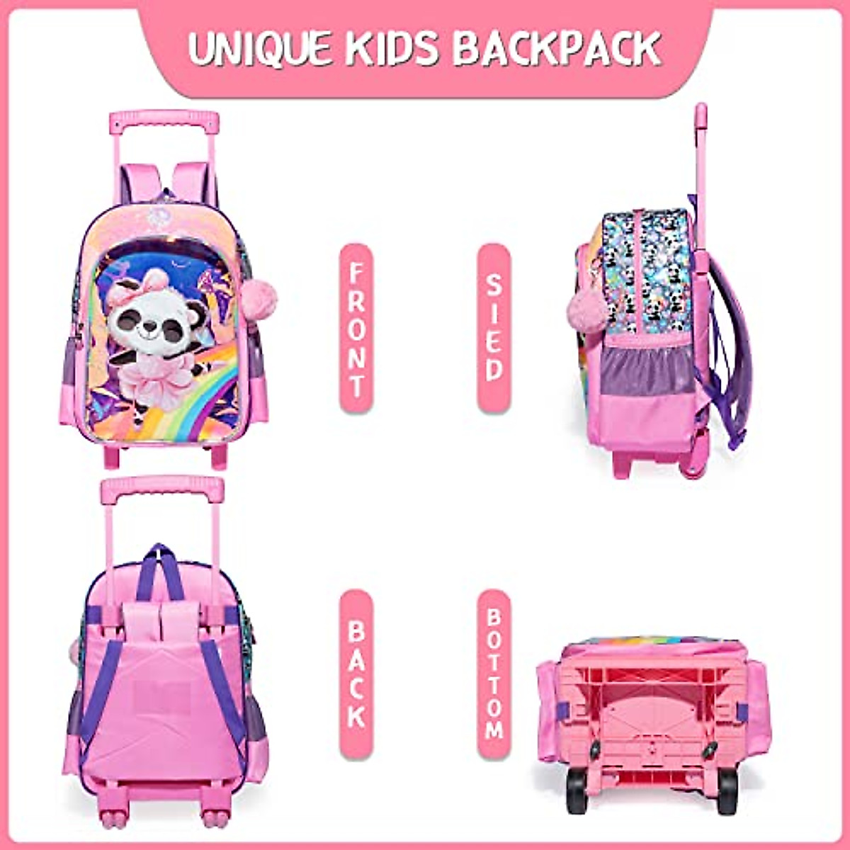 MYHSBYO Panda Rolling Backpack for Girls Kids School Wheels Backpack for Girls Sequin Backpack with Lunch Box Roller Backpack for Elementary School