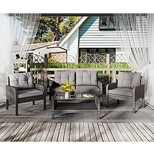 LHBcraft 4-Piece Patio Furniture Set Outdoor Rattan Wicker Sofa Set with Cushions & Coffee Table, Conversation Sofa Set with Tempered Glass Table Top and Storage Shelf (Grey-Grey) (OT008)