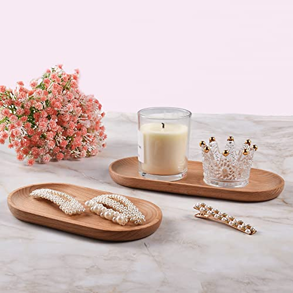 Eiyye Mini Serving Tray Small Wooden Plate Oval Wood Tray, Set of 2 Wooden Snack Tray Dessert Tableware Decorative Tray for Jewellery Key Coin