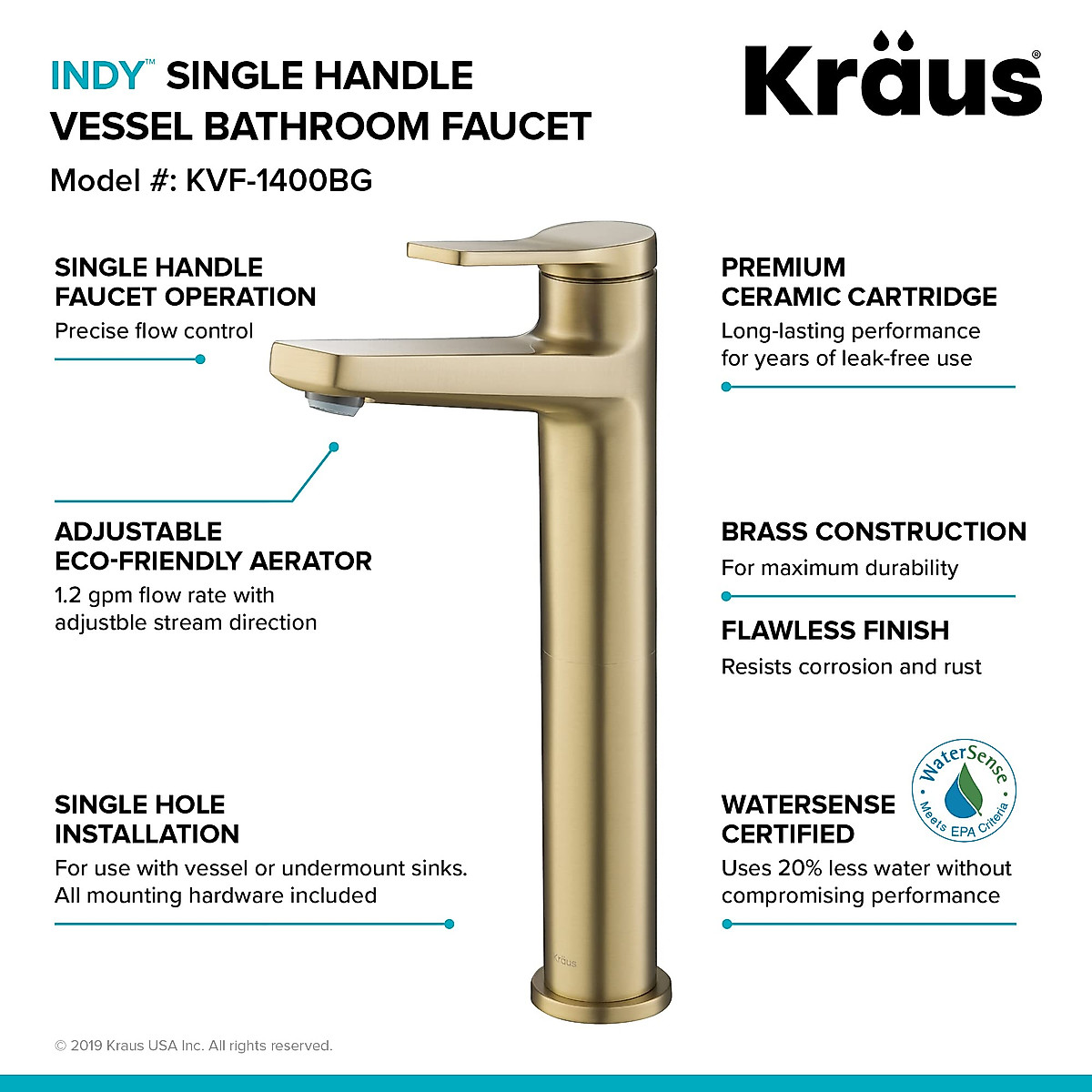 Kraus KVF-1400BG Indy Single Handle Vessel Bathroom Faucet, Brushed Gold