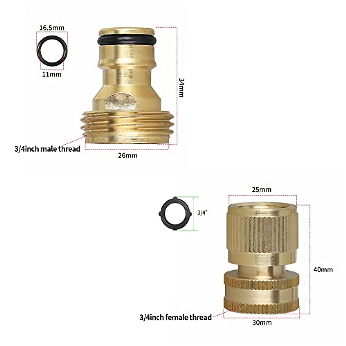 Garden Hose Quick Connect 3/4 Inch, Solid Brass Quick Connect Hose Fittings Male and Female, No Leakage, No Rusting, No Breakage Hose Connector for 3/4" Thread, 1 Set
