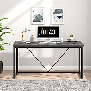EXCEFUR 55 inch Computer Desk, Vintage Work Desk for Home Office, Rustic Wood and Metal Study Writing Table, Grey