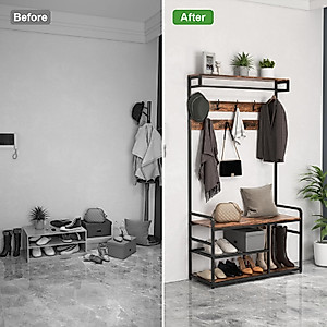 Livofloral Hall Tree Coat Rack with Storage, Entryway Hall Tree with 9 Hooks, Coat and Shoe Rack, Industrial Entryway Furniture with Shoe and Clothes Storage for Mudrooom, Rustic Brown