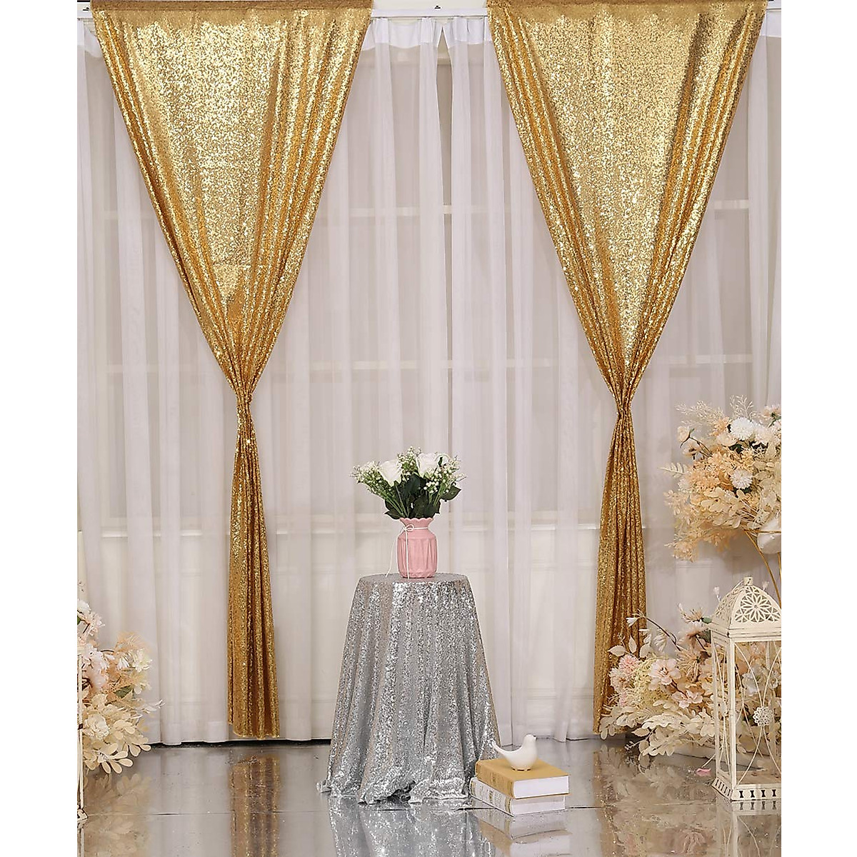 Poise3EHome Gold Sequin Backdrop Curtains, 4 Panels Gold Sequin Backdrop, 2FTx8FT Sequin Curtains for Party Wedding Sequence Backdrop
