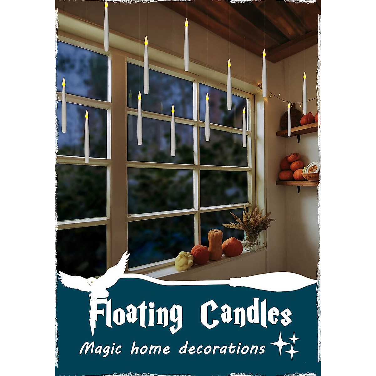 Leejec Floating Candles with Magic Wand Remote (6/18H Timer), 20pcs 6.1” Hanging Flameless Taper Candles, Flickering Warm Light, Halloween Christmas Classroom Windows Wedding Party Decor(White)