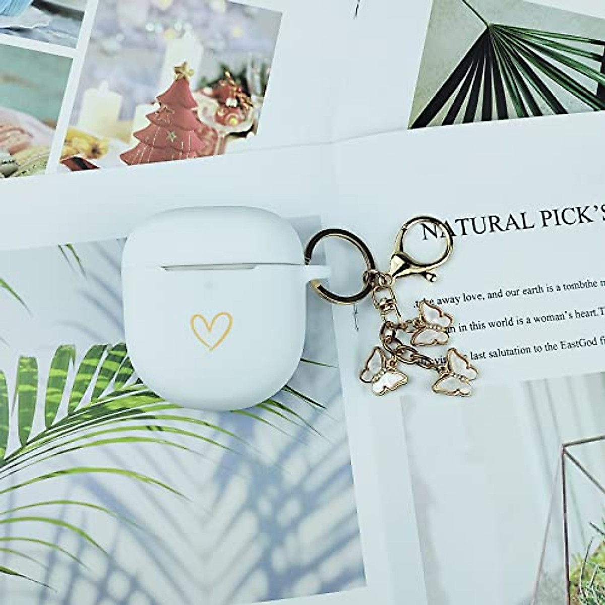 AIIEKZ Compatible with Bose QuietComfort Earbuds II 2022, Soft Silicone Case with Gold Heart Pattern for Bose QC II Case with Cute Butterfly Keychain for Girls Women (White)