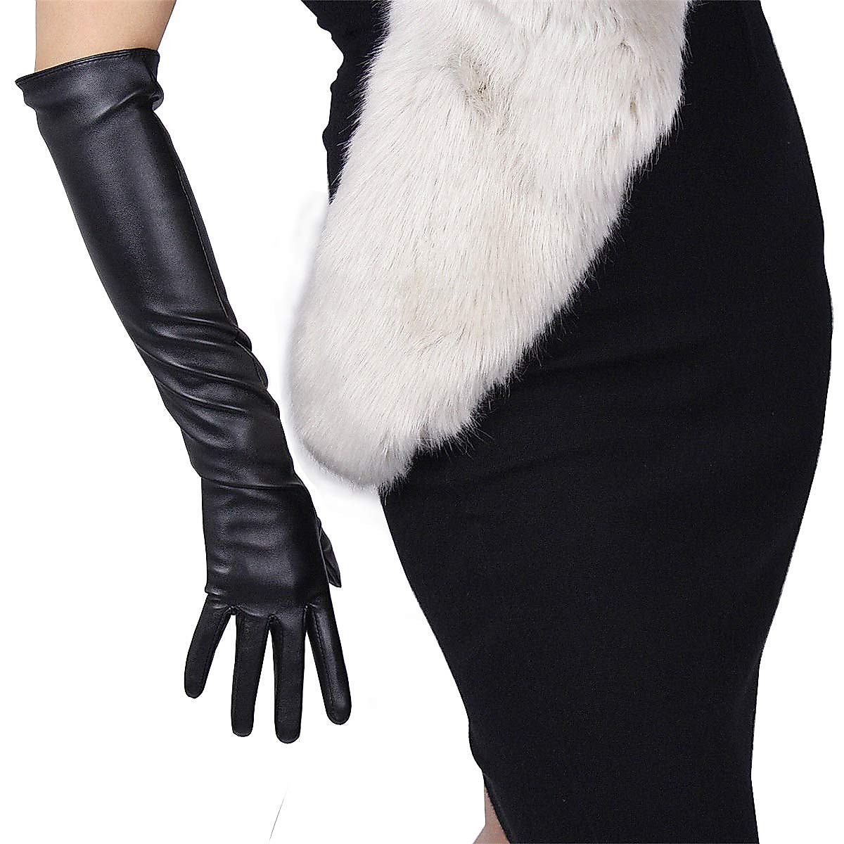 DooWay Long Leather Gloves Women Black Touchscreen Elbow Length Gloves 20 inches Winter Warm Opera Gloves Evening Costume Cosplay