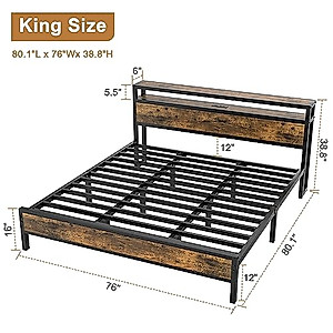 Pliwier King Bed Frame with Charging Station Headboard, Platform Bed with 2-Tier Storage Shelf, Strong Support Legs, Noise-Free, No Box Spring Needed, Easy Assembly