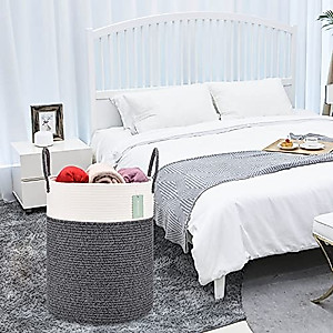 BOSROTY Extra Large Blanket Basket, Tall Laundry Basket, Laundry Hamper, Large Storage Basket, 15.7”x 19.7”, Cotton Rope Basket, Woven Basket, Toy Basket, Clothes Baskets, White & Black