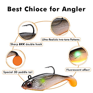 TRUSCEND Pre-Rigged Fishing Jigs, Super Durable Bass Fishing Lures, Well-Made Lifelike Soft Shad Swimbait, MarshSwamp Fishing Lure for Trout Crappie Walleye