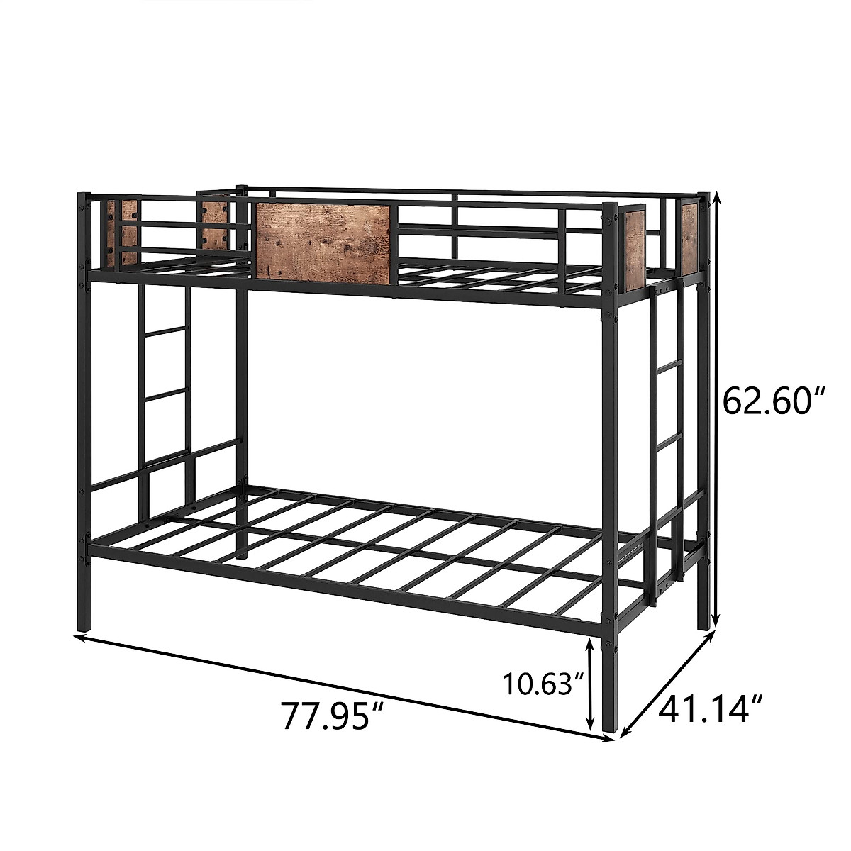 JURMERRY Metal Bunk Bed Twin Over Twin with Guardrail Ladder,No Box Spring Needed, Noise Free,Black Color