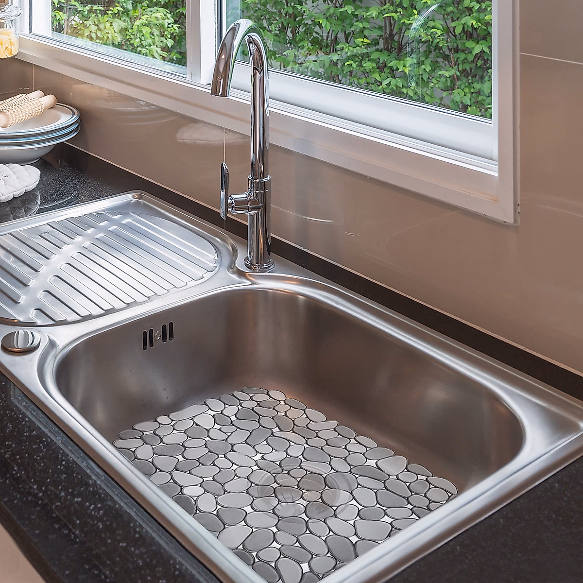 Coopay Kitchen Sink Mat Pebble Sink Mat PVC Eco-friendly Kitchen Adjustable Stainless steel/Porcelain Dish Drying Pad Sink Protector for Bottom of Kitchen Sink, 15.8 x 11.8 inches (2 Pack, Gray)